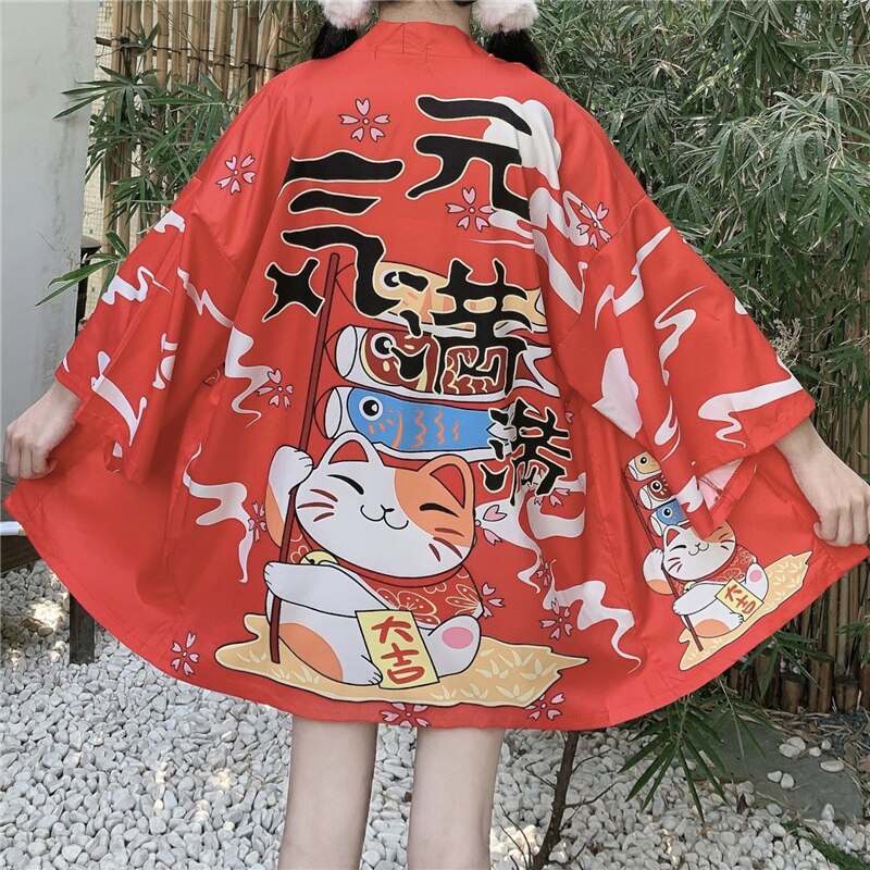 Bebovizi Red Lucky Cat Kimono Women Japanese Yukat... – Grandado