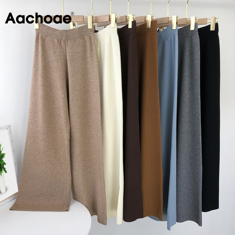 Aachoae dame solid strik bukser løse brede ben lan... – Vicedeal