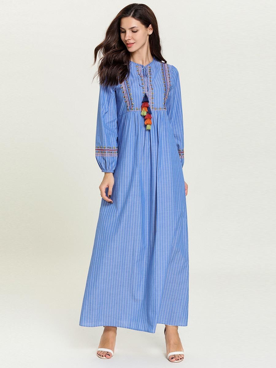 Abaya Turkish Kaftan Gown Simple Autumn Blue Strip... – Grandado