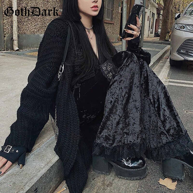 Goth Dark Velvet Gothic Lace Patchwork Flare Pants... – Grandado