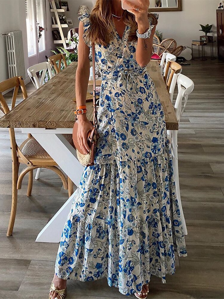 Boho Floral Print V Neck Long Beach Dress Frill Be... – Grandado