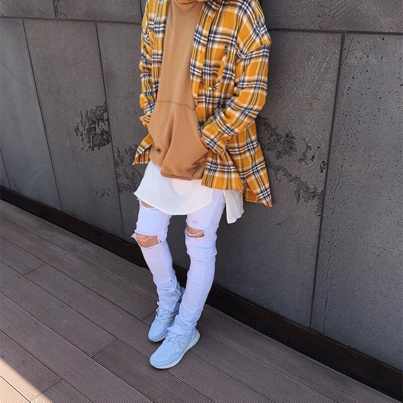 Streetwear gul plaid langærmede skjorter tidevand ... – Grandado