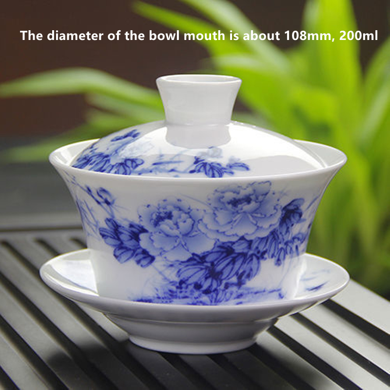 Handgeschilderd Grote Kom Gaiwan Blauwe Lotus Thee... – Grandado