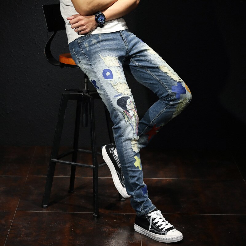 Streetwear män jeans tryckta broderier elastiska r... – Grandado