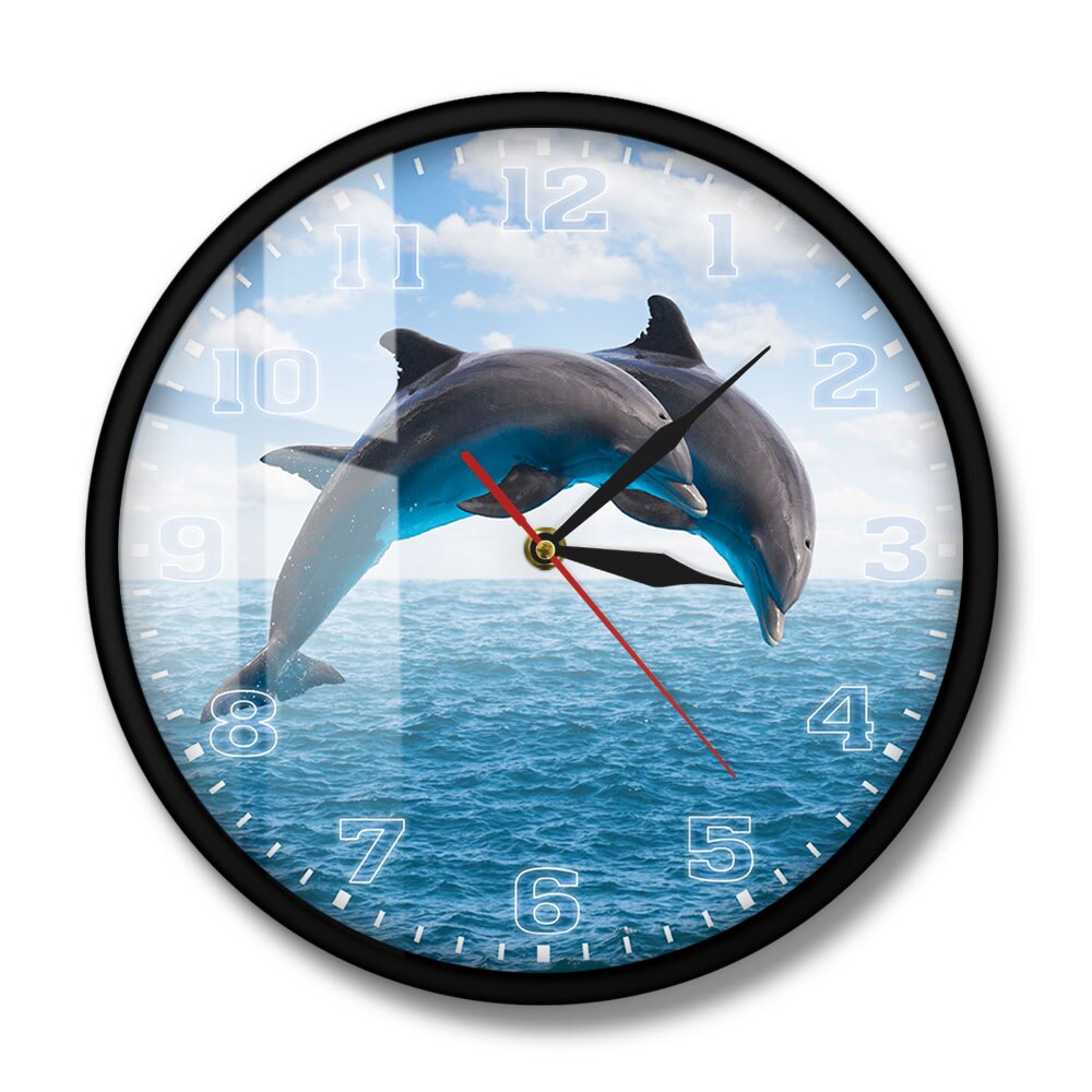 Two Jumping Dolphins Seascape Blue Wall Clock Deep... – Grandado