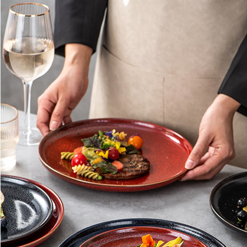 Red black ceramic plate set Kitchen restaurant par... – Grandado