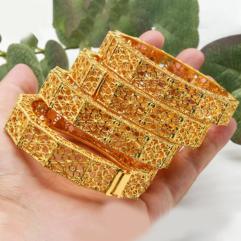 Middle Eastern Trendy Hollow Flower Gold Bangles S... – Grandado