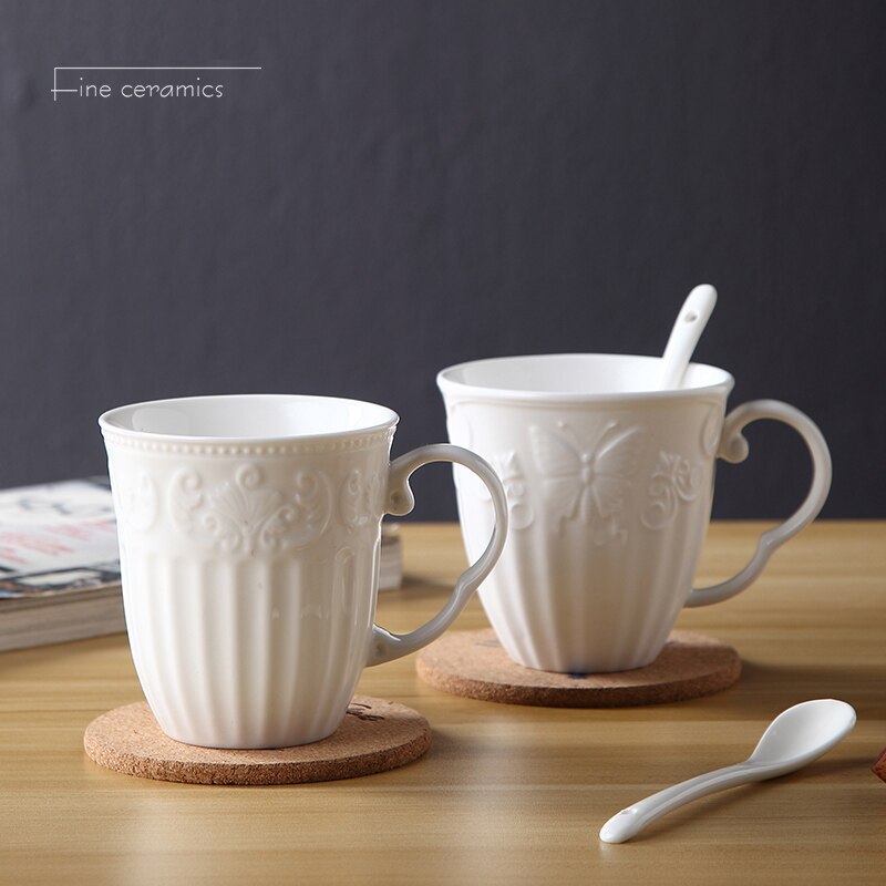 350ML, white embossed porcelain coffee mug, vintag... – Grandado