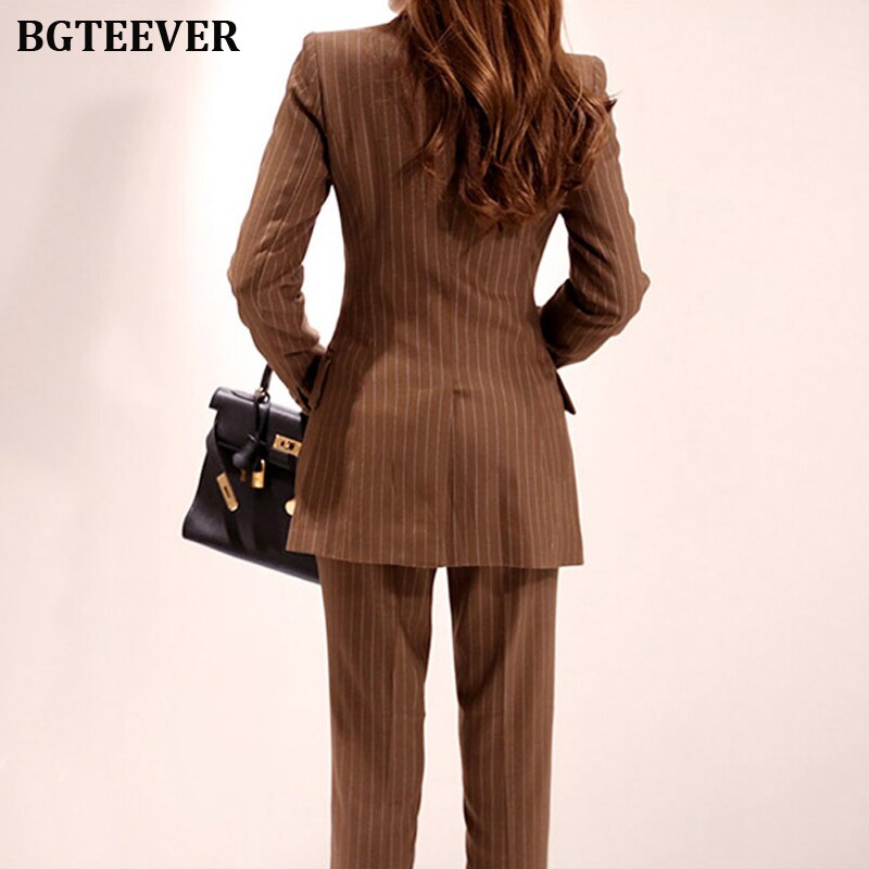 Double-breasted Striped Women Pant Suit Slim Women... – Grandado