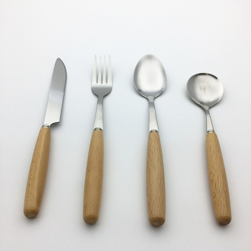 Wooden Handle Knife Fork Spoon Dinnerware Set Stai... – Grandado