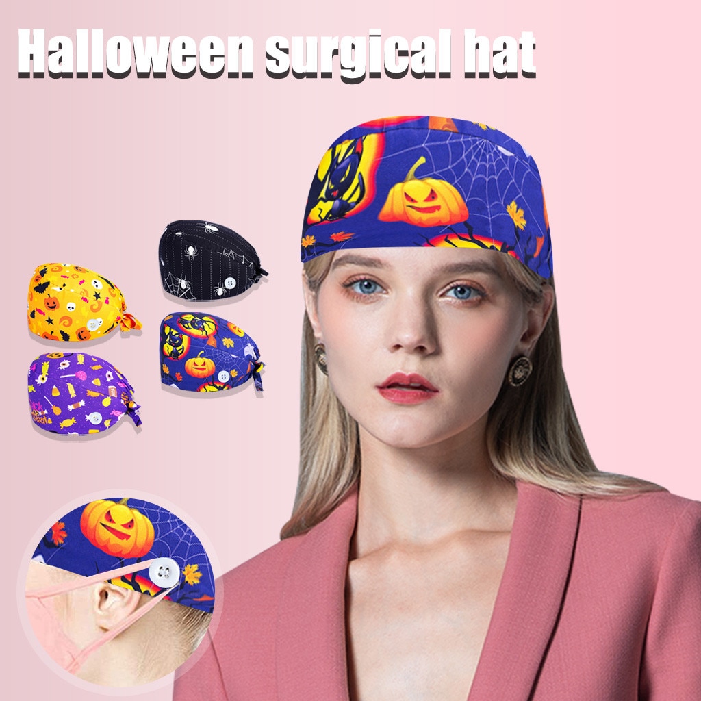 Halloween Print Hats Scrubs Cap With Buttons Hat S... – Grandado