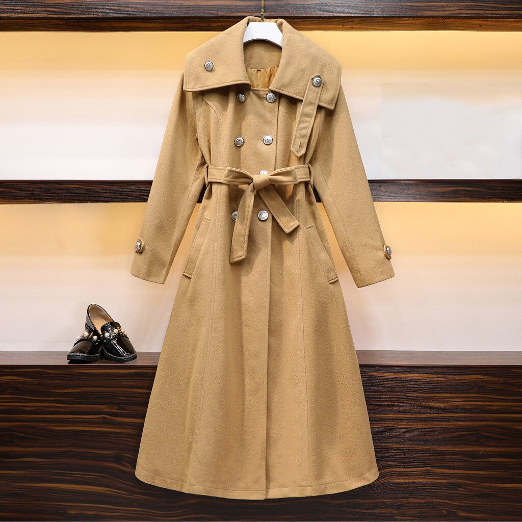 Double Breasted Mid-long Trench Coat Women Khaki S... – Grandado