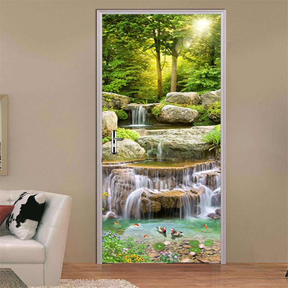 PVC Waterproof 3D Waterfall Bamboo Forest Photo Do... – Vicedeal