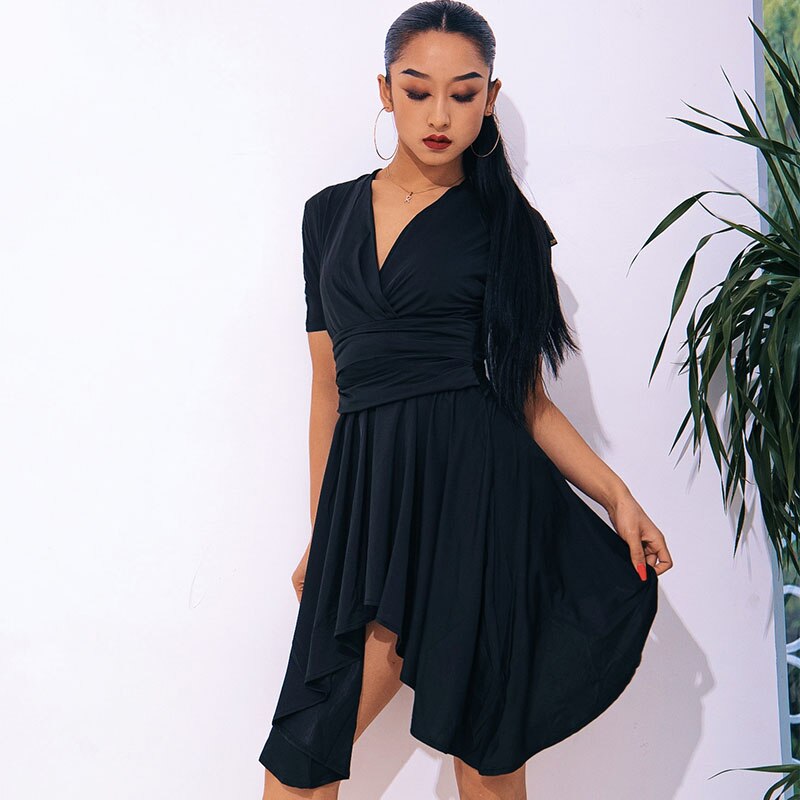 Latin Dance Practice Clothes Female V-Neck Black R... – Grandado
