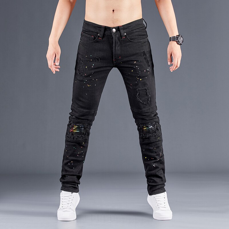 Black Ripped Jeans Mannen Met Print Gekleurde Slim... – Grandado