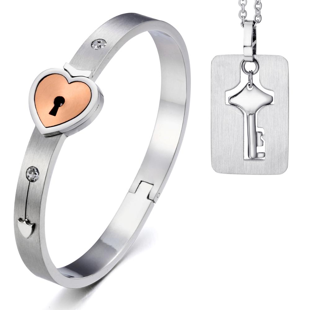 Lovers Stainless Steel Heart Lock Love Bangle Brac... – Grandado