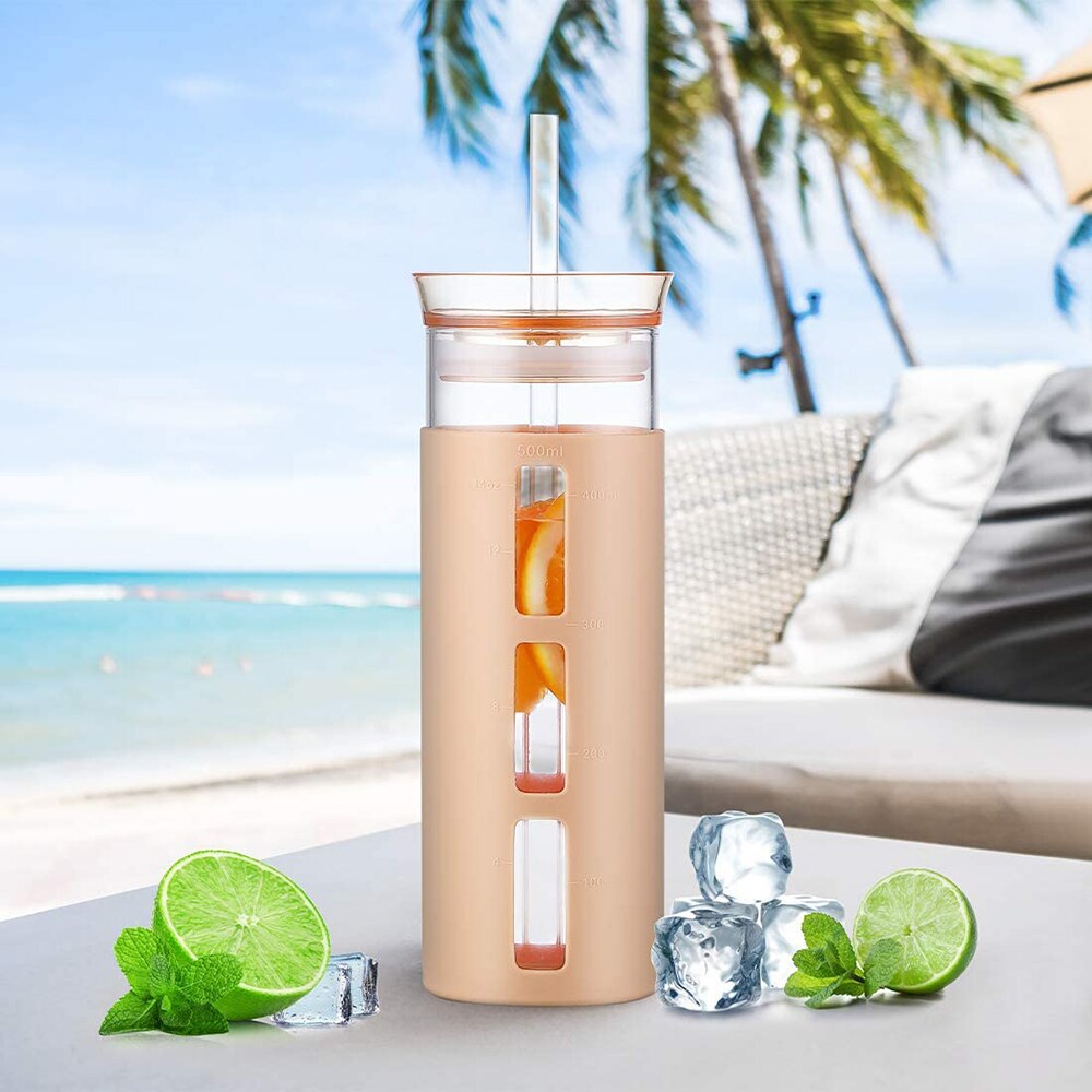 Glas Water Fles Glas Tumbler Met Stro Met Deksel E... – Vicedeal