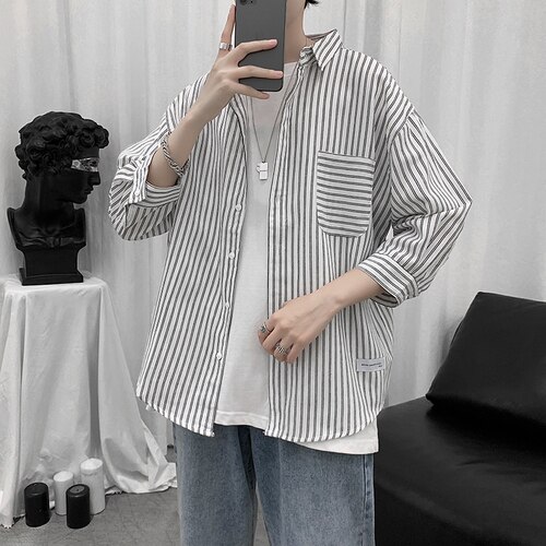 Mannen Shirts Gestreepte Drie Kwart Mouw Losse Cas... – Grandado