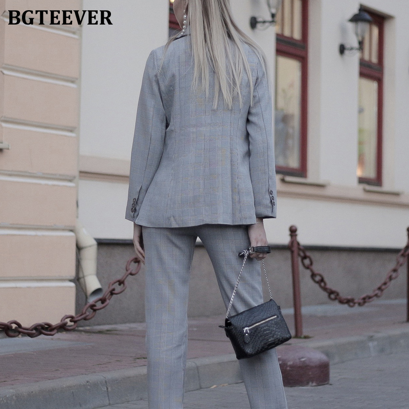 BGTEEVER Vintage Plaid Women Pant Suit Double-brea... – Grandado