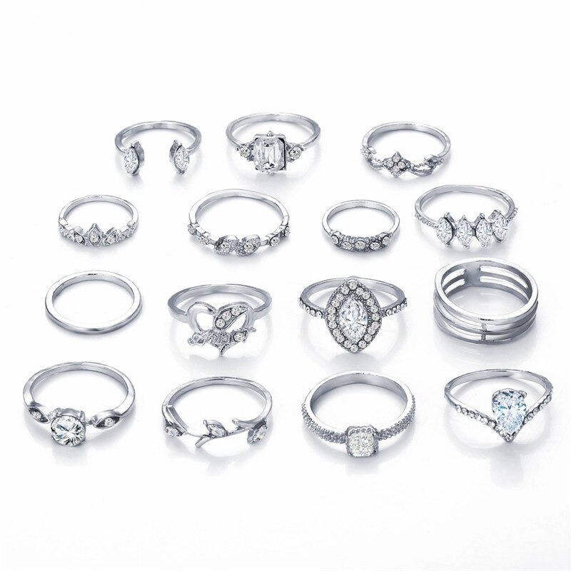 15 Pieces\set Zircon Crystal Stainless Steel Ring ... – Grandado