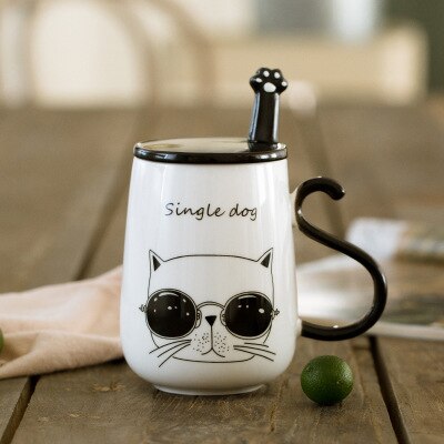 Cute Cartoon Cat Ceramic Mugs.Mug With Lid and Spo... – Grandado