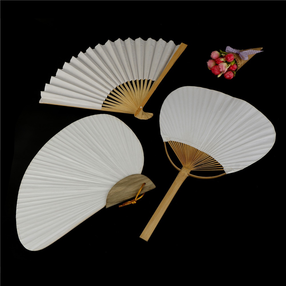 White Hand paper Fan with bag Wedding & Party – Grandado