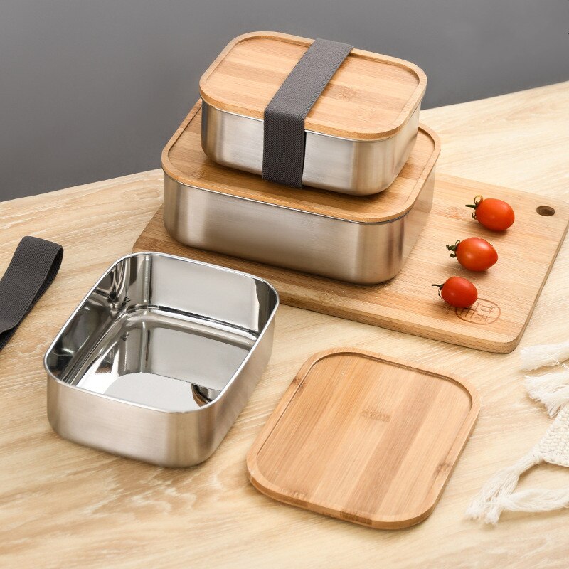 304 stainless steel bamboo wooden cover lunch box ... – Grandado
