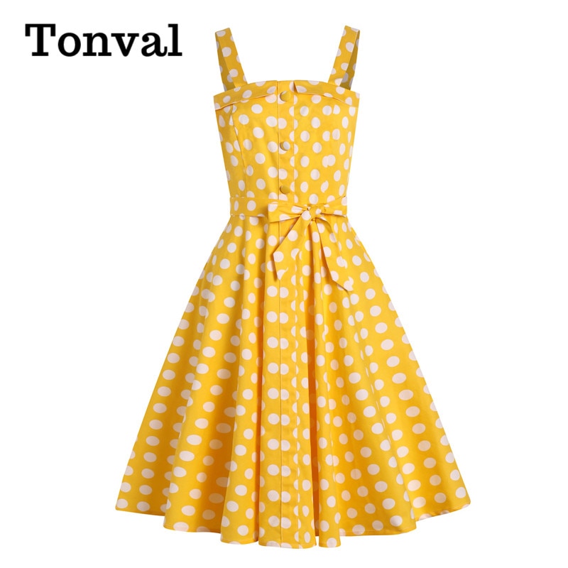 Tonval Yellow 50s Pinup Vintage Button Front Polka... – Grandado