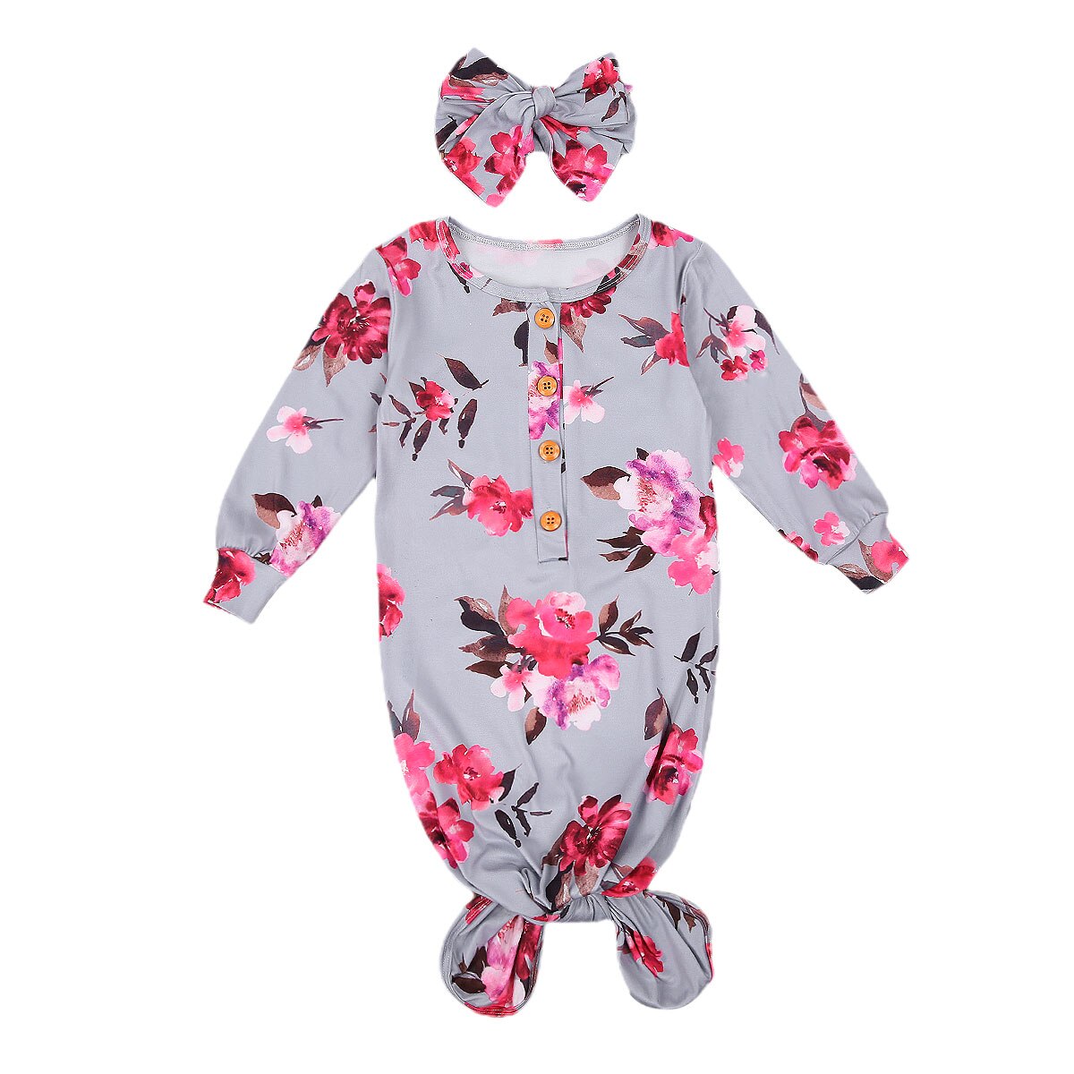 Baby Girls Nightgown Knoted Sleepers with Headband... – Grandado