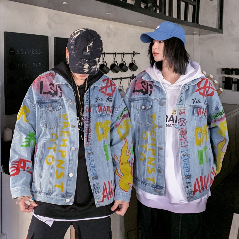 Graffiti Print Denim Jackets Coats Hip Hop Punk Ro... – Grandado