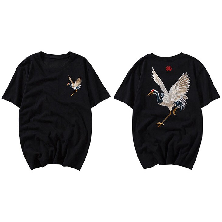 Harajuku broderi kran t-skjorte streetwear t-skjor... – Grandado
