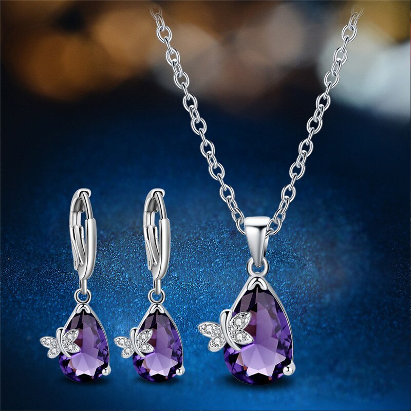 Female Purple Crystal Jewelry Set Charm Silver Col... – Grandado