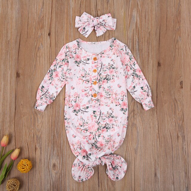 Baby Girls Nightgown Knoted Sleepers with Headband... – Grandado