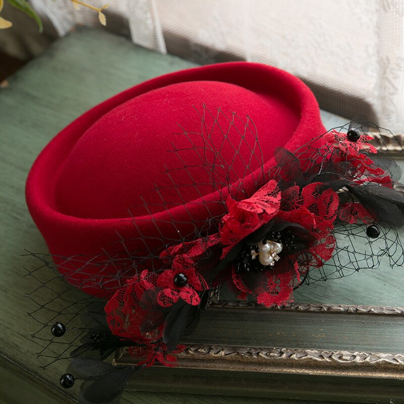 Vintage Red Pure Wool Fedora Cap Women Mesh Flower... – Grandado