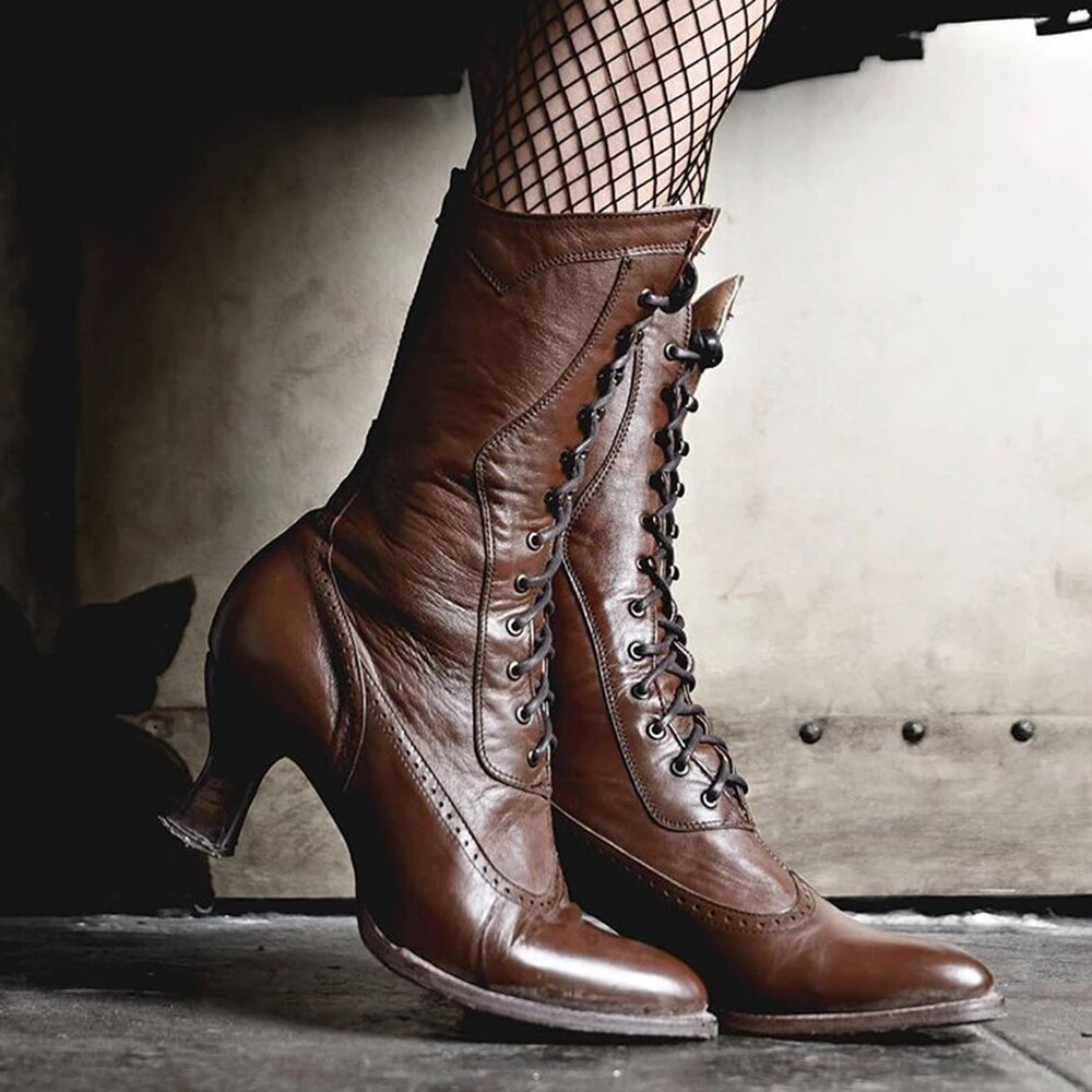 Women Autumn Winter Mid-Calf Boots Lace Up Hoof He... – Grandado