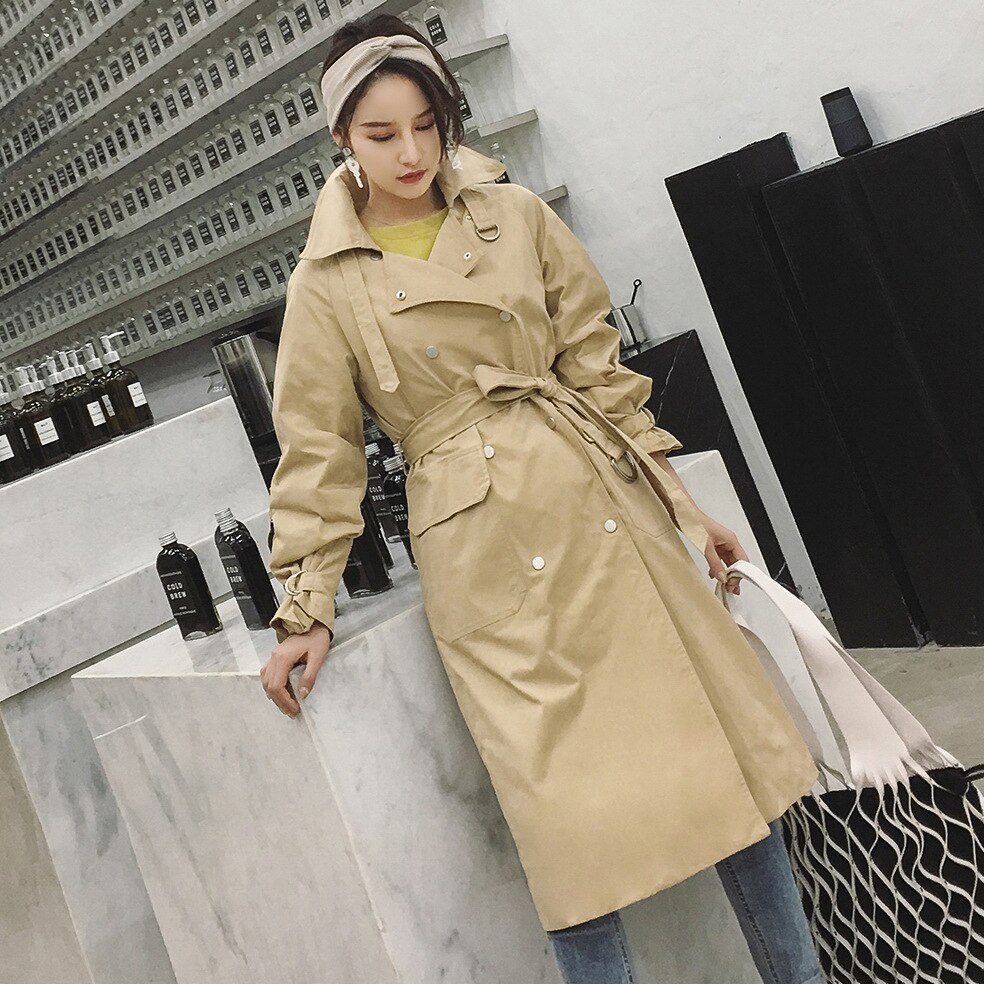 pure color long trench coat flow belt double-breas... – Grandado