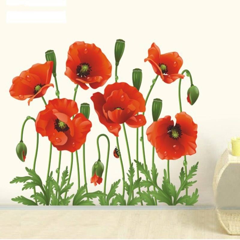 Red Poppy Removable Art Waterproof Bedroom Wall St... – Vicedeal