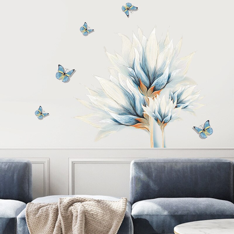 Blue Butterfly Flower Wall Sticker Water Color Bac... – Grandado