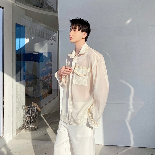 Men Translucent Splice Pocket Long Sleeve Casual S... – Grandado