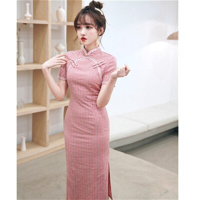 Sheng Coco Plaid Chinese Qipao Round Lace Cotton P... – Grandado