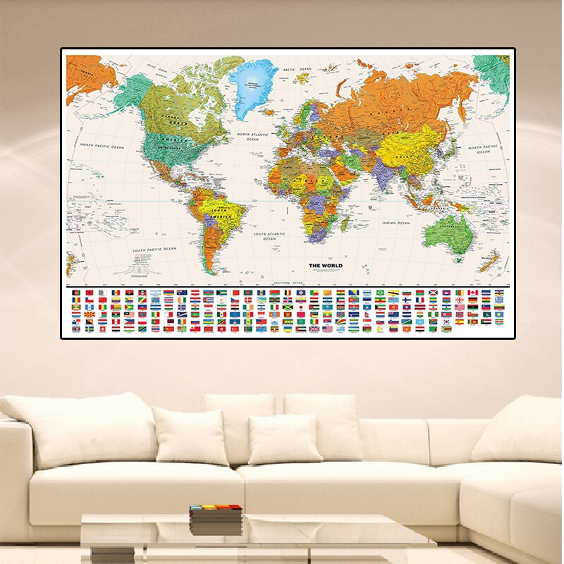 225*150cm The World Physical Map with National Fla... – Grandado