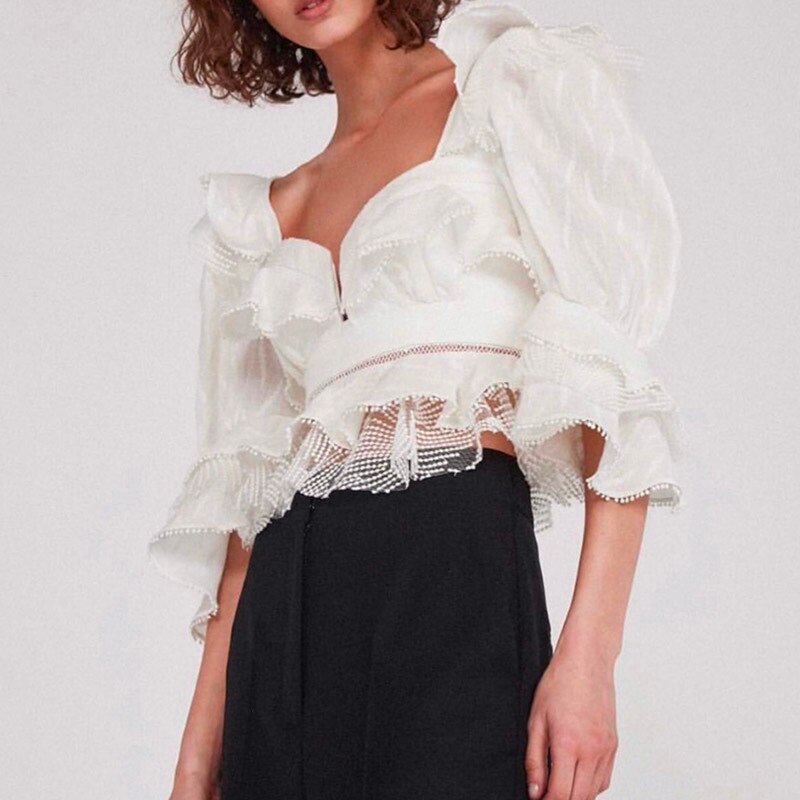 TWOTWINSTYLE White Ruffle Vintage Shirts For Women... – Vicedeal