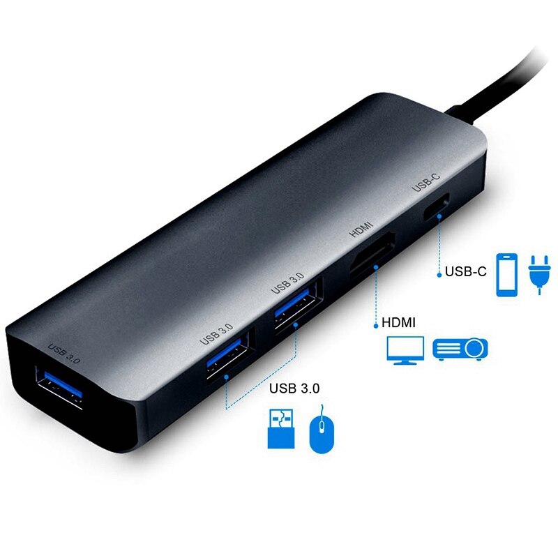 USB C Hub Multiport Adapter 5 in 1 Aluminum with 4... – Grandado