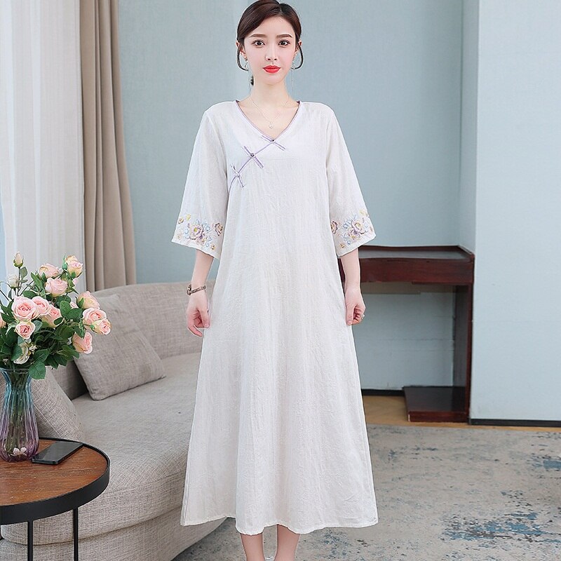 Cotton Linen Dresses Summer Loose Modern Cheongsam... – Grandado