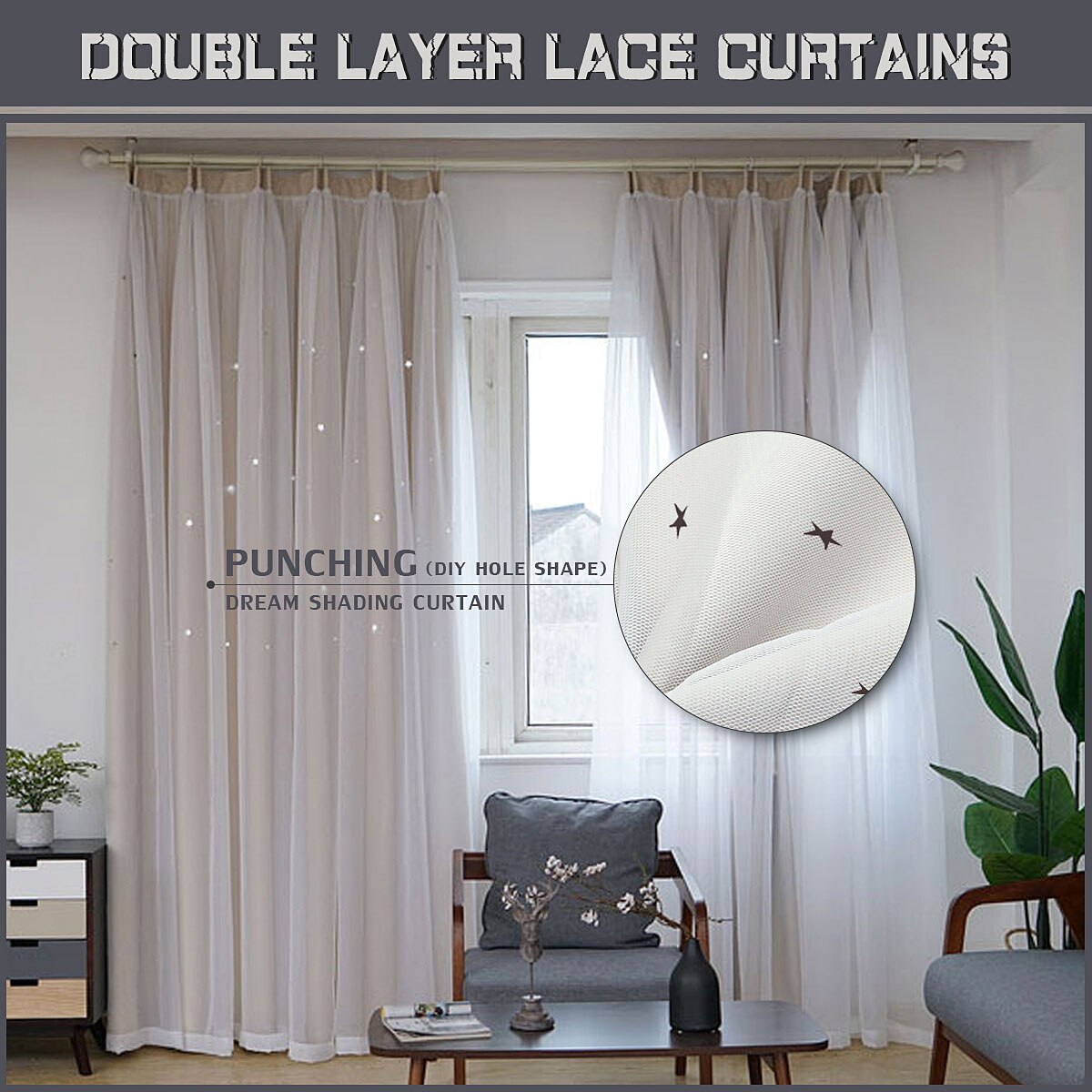 Double Layer Shading curtain Lace Hollow Out Stars... – Grandado