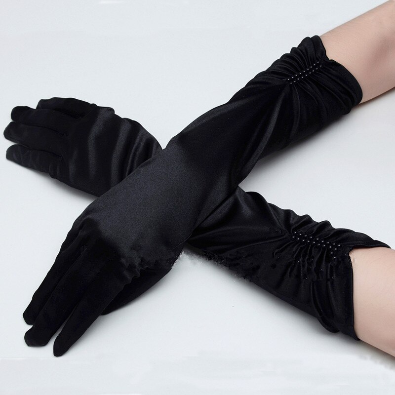 Full Finger Black Red Satin Bridal Gloves Pearls W... – Vicedeal