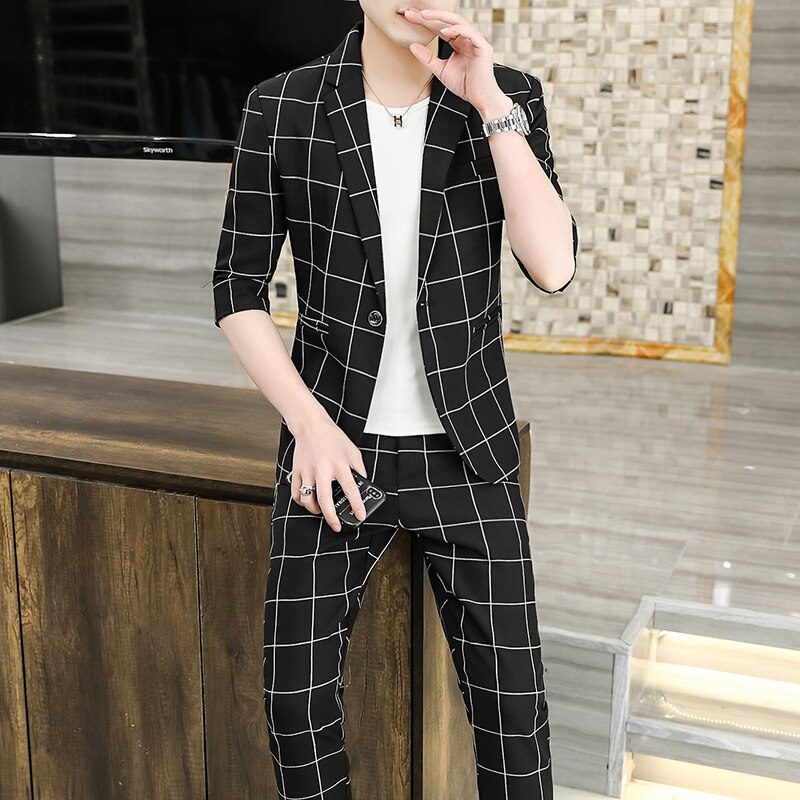 Summer seven-quarter sleeve checked suit for men s... – Grandado