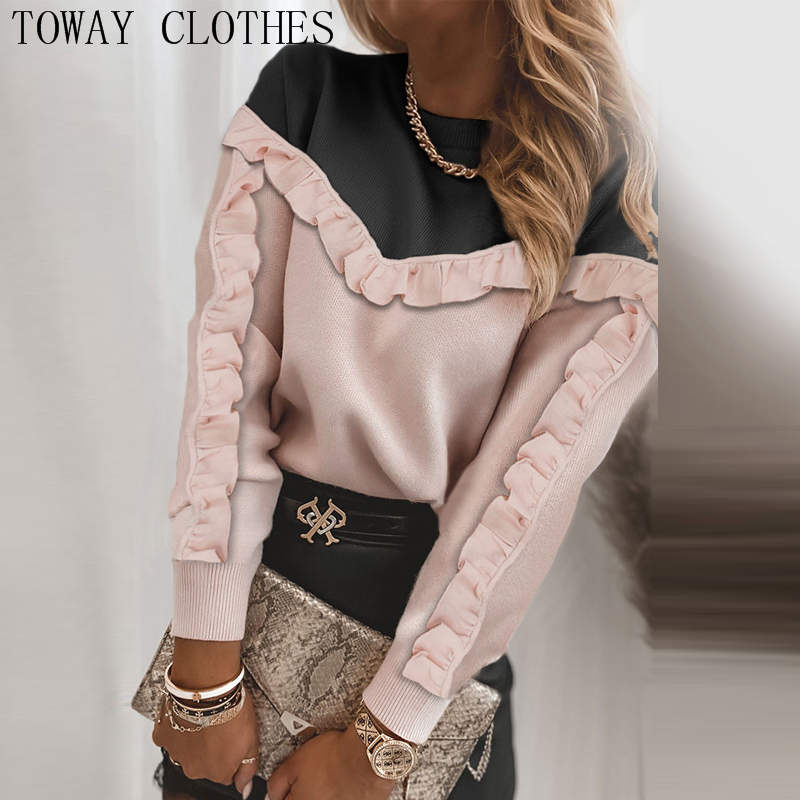 Women Colorblock Frill Hem Casual Sweater Round Ne... – Vicedeal