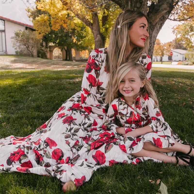 Mother and Daughter Dress Long Sleeve Floral Famil... – Grandado