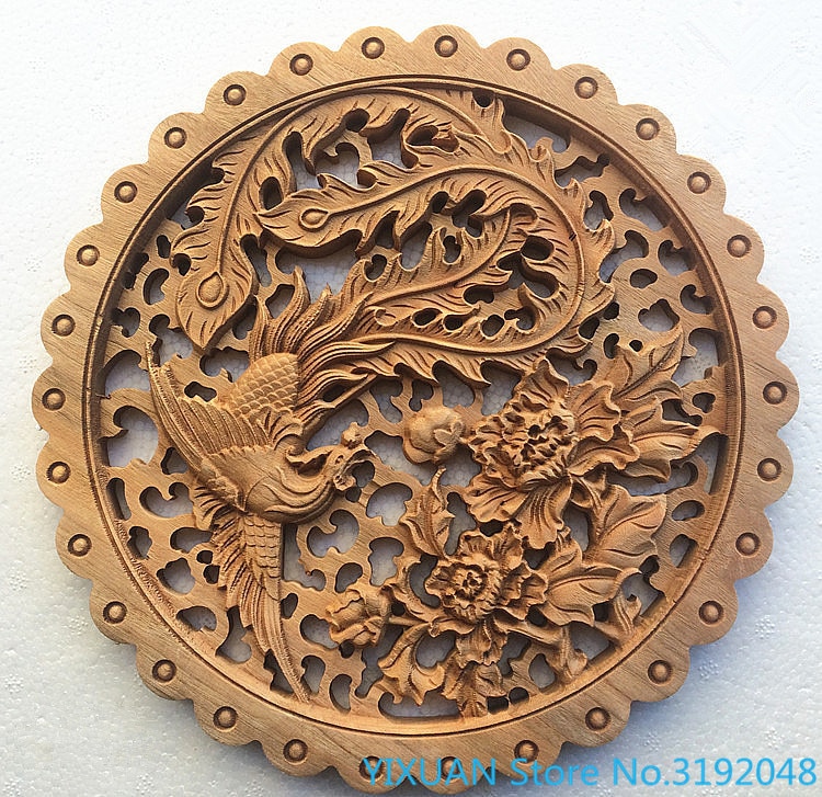 Phoenix opera peony round wood carvings camphor so... – Grandado